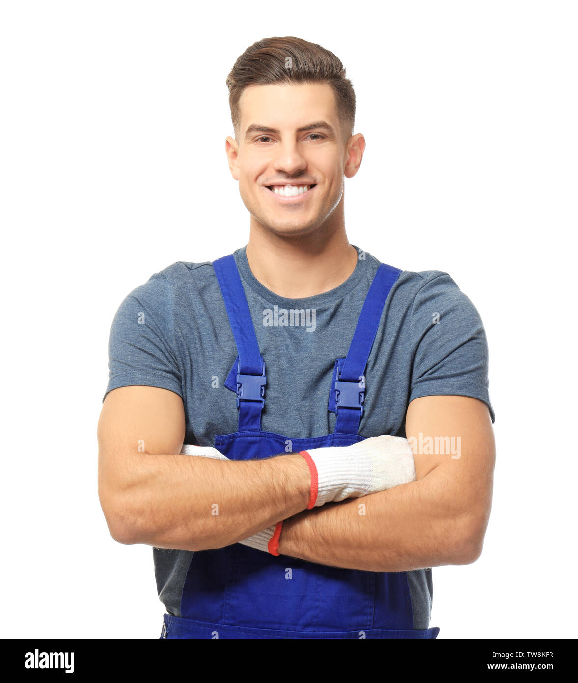 Handsome auto mechanic on white background Stock Photo - Alamy