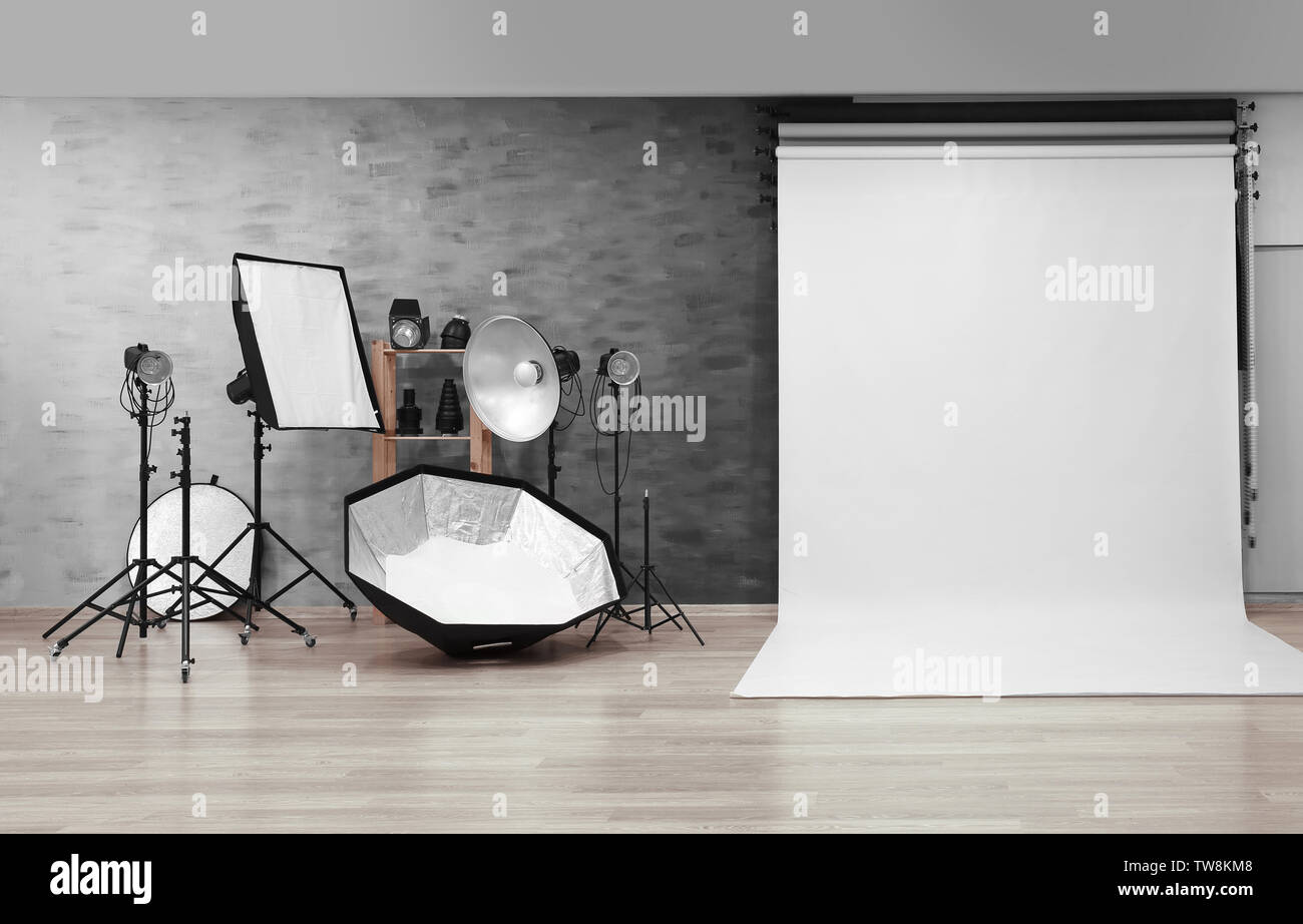 Interior of modern photo studio with professional equipment Stock Photo ...
