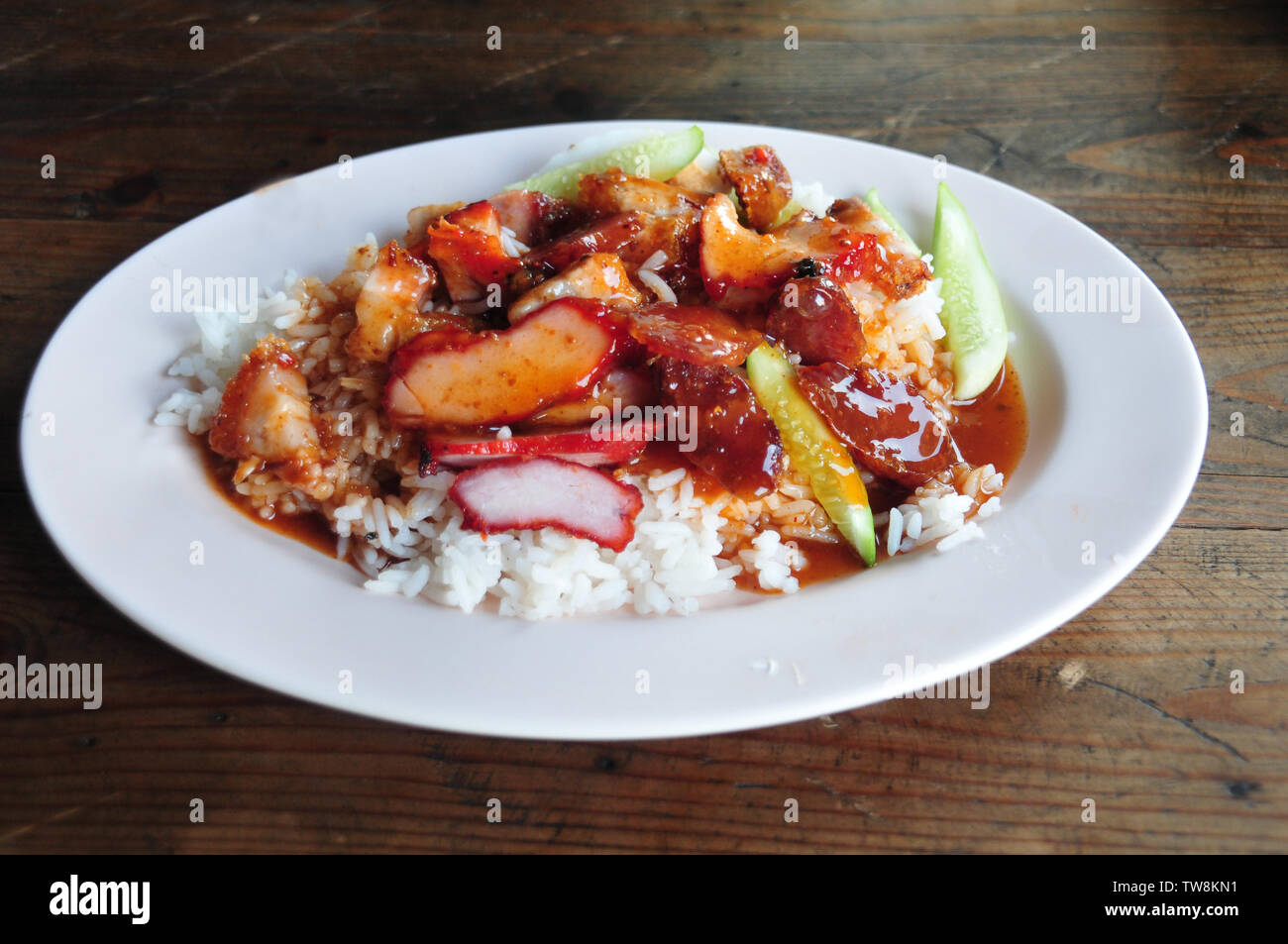 Barbecued red pork in sauce with rice, Thai Style Red Barbecue Pork ...