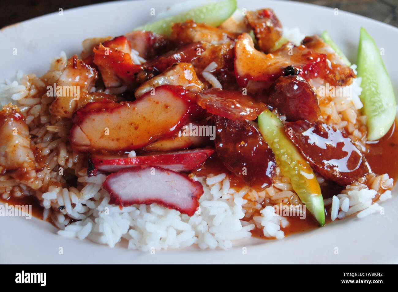 Barbecued red pork in sauce with rice, Thai Style Red Barbecue Pork ...
