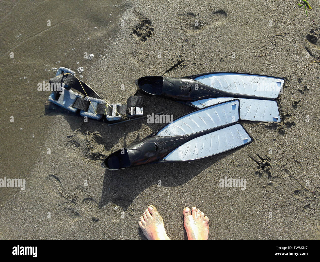 Top view of woman leggs and diving pins on the sandy coast Stock Photo ...