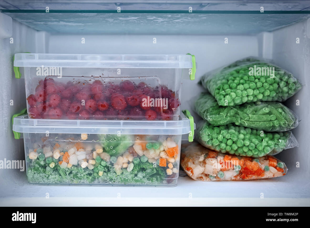 Freezer with different products, closeup Stock Photo - Alamy