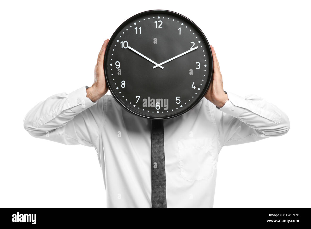 Male manager with clock on white background Stock Photo - Alamy