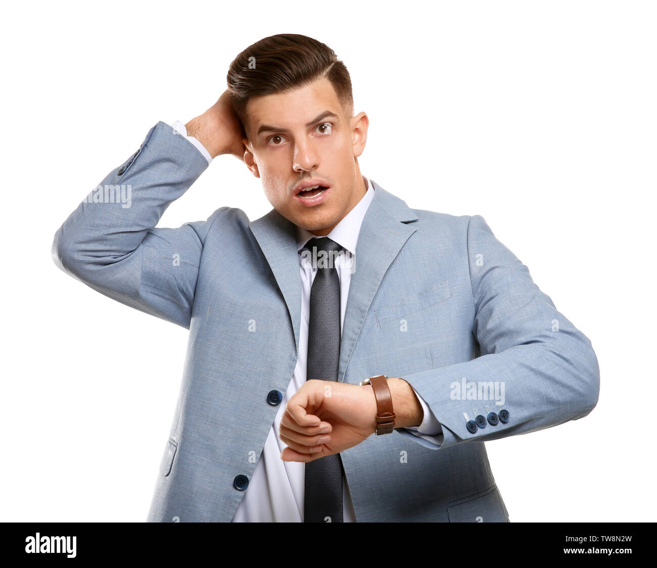 Shocked manager on white background Stock Photo - Alamy