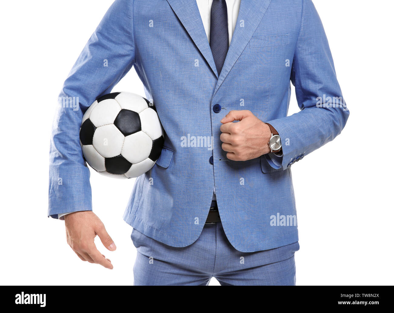 Manager with soccer ball on white background Stock Photo - Alamy