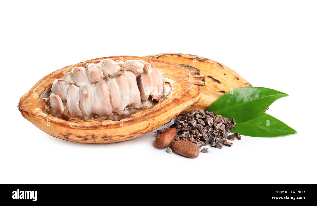 Cut cocoa pod and products on white background Stock Photo - Alamy