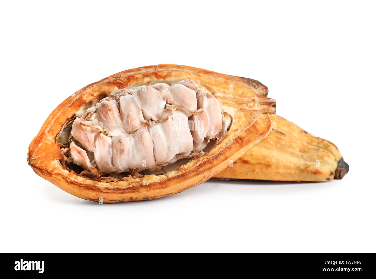 Cut cocoa pod on white background Stock Photo - Alamy