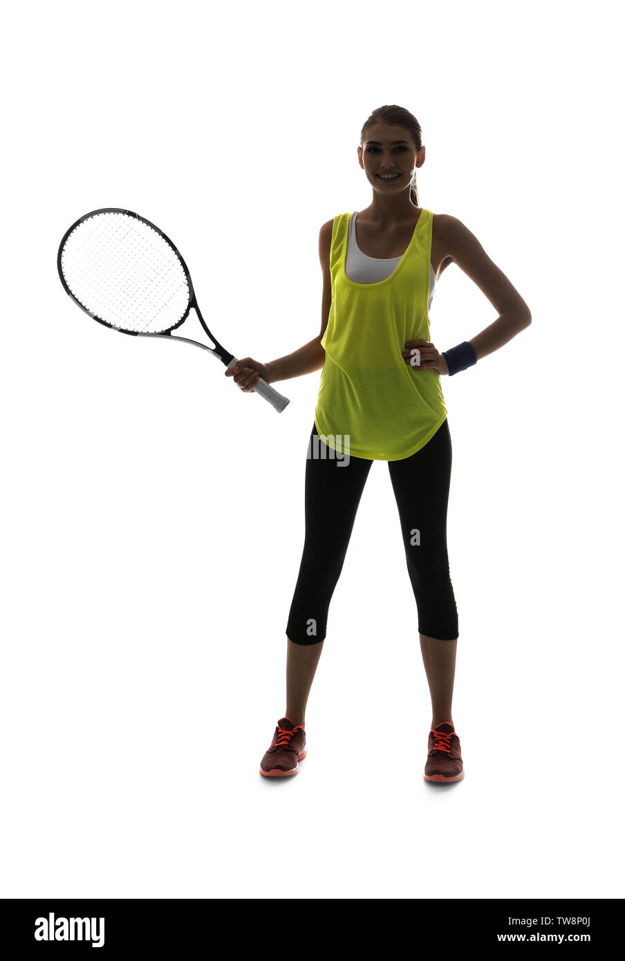 Young woman with tennis racket on white background Stock Photo - Alamy