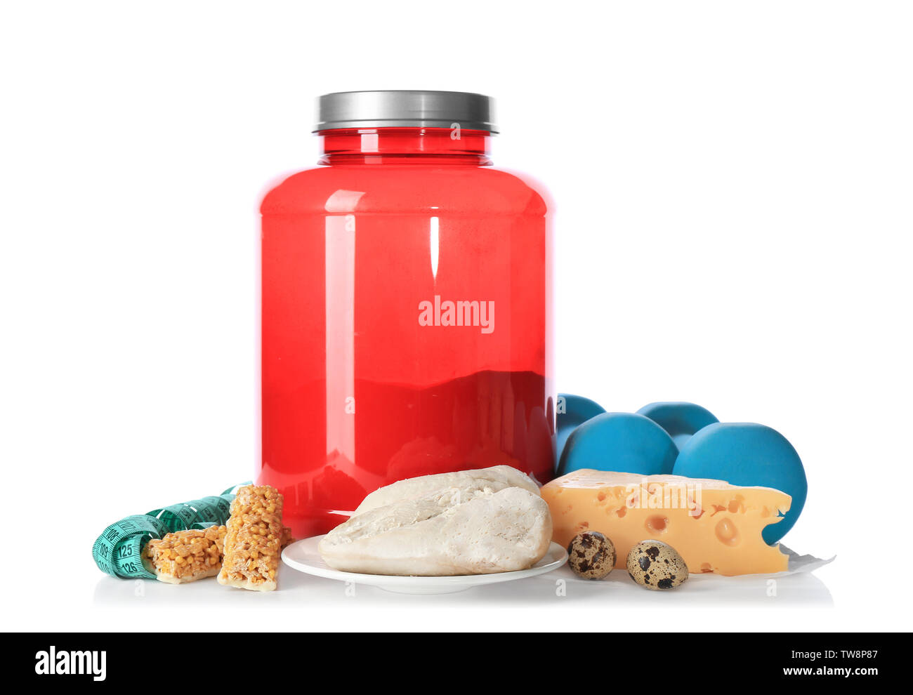Protein powder in jar, products and dumbbells on white background Stock ...