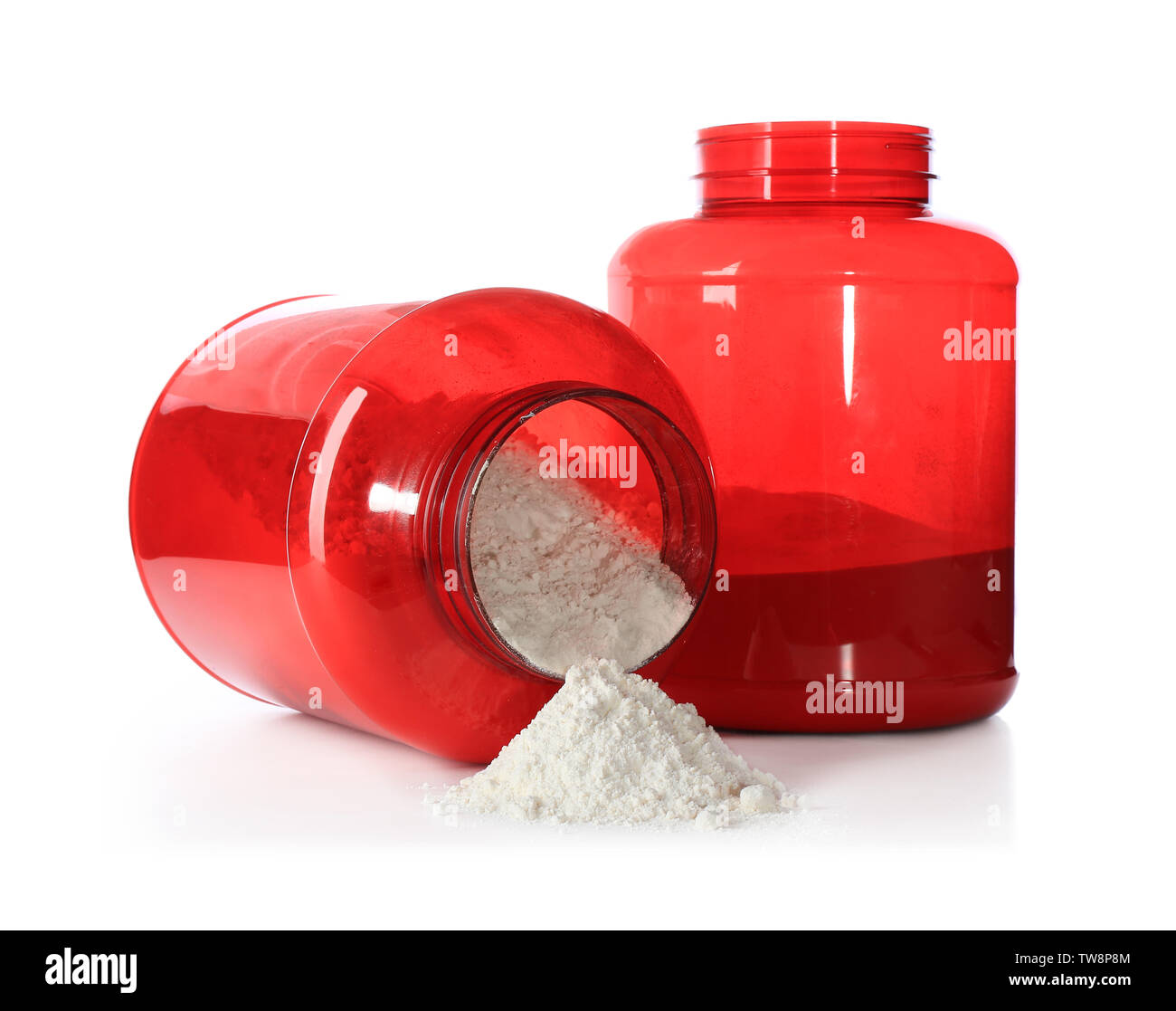 Red jars with protein powder on white background Stock Photo - Alamy