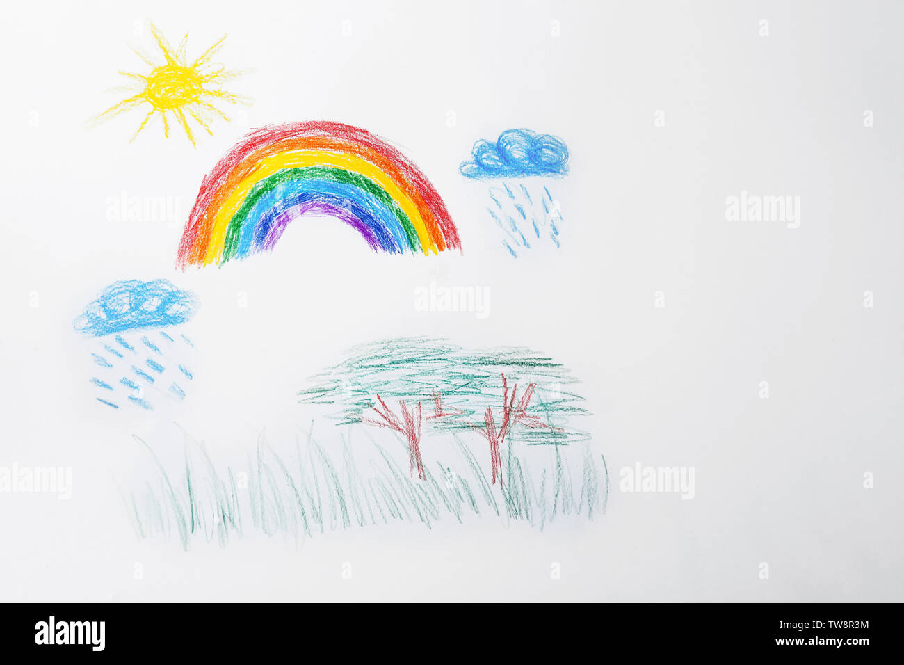 Childish drawing of landscape with rainbow Stock Photo - Alamy