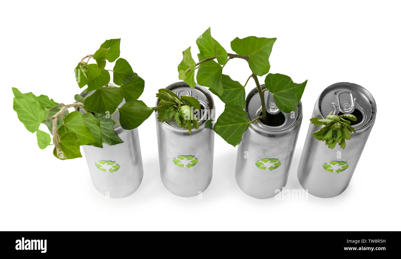 Tin cans with plants on white background. Waste recycling concept Stock ...