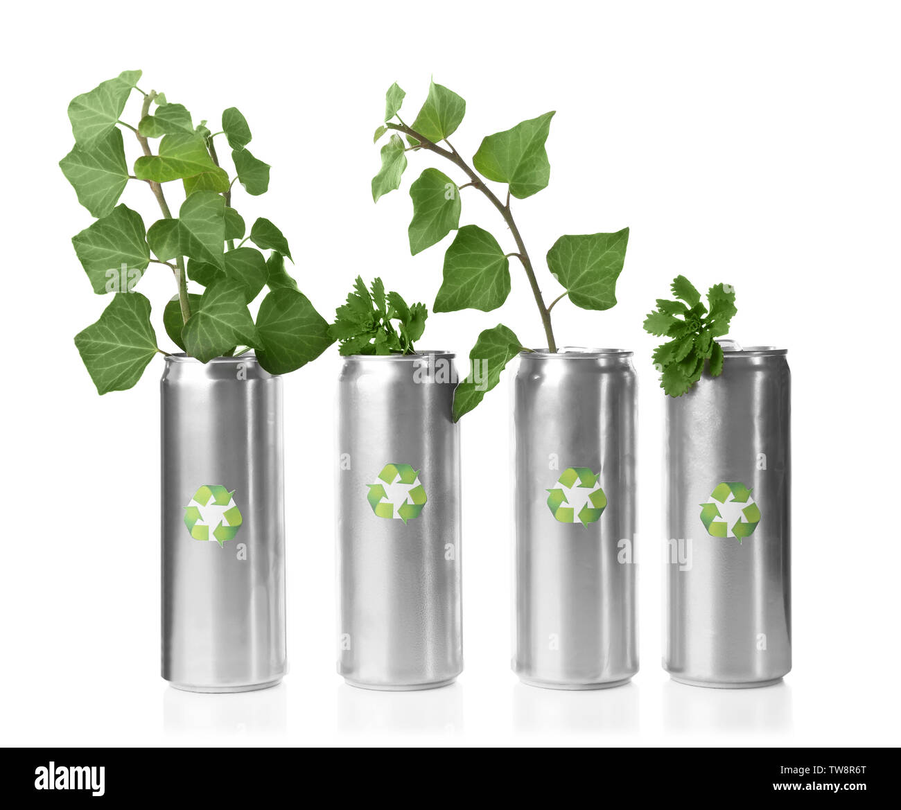 Tin cans with plants on white background. Waste recycling concept Stock ...