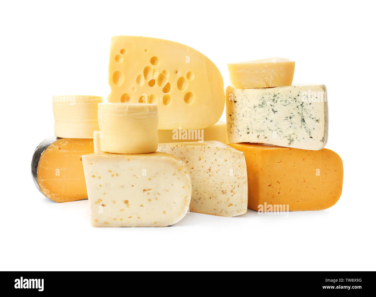 Different types of delicious cheese on white background Stock Photo - Alamy