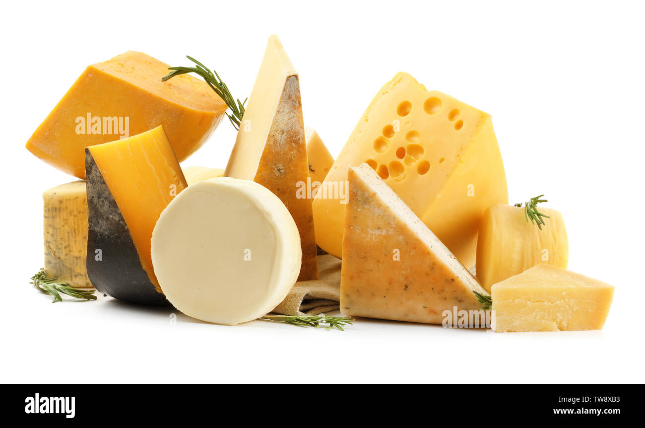 Different types of delicious cheese on white background Stock Photo - Alamy