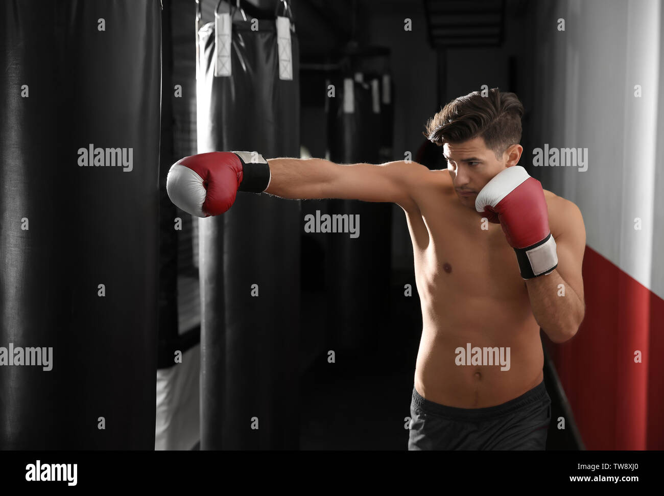 Male boxer training with punching bag in gym Stock Photo - Alamy