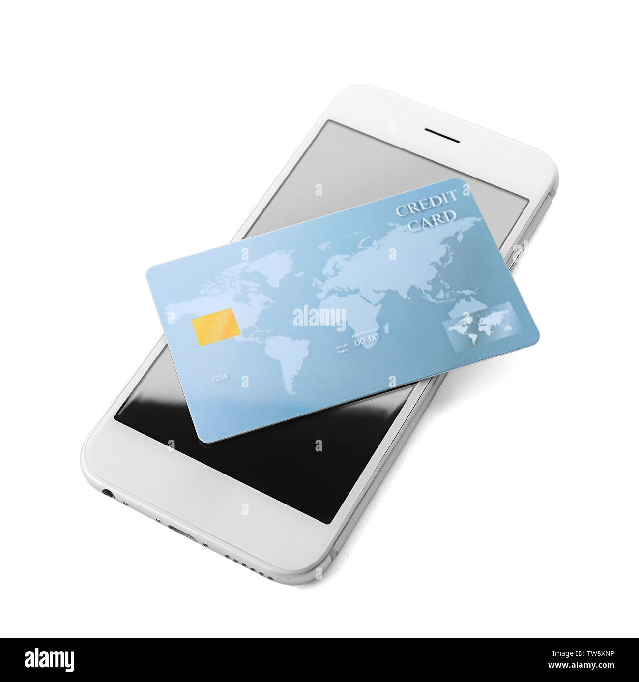 Credit card with smartphone, isolated on white. Internet shopping ...