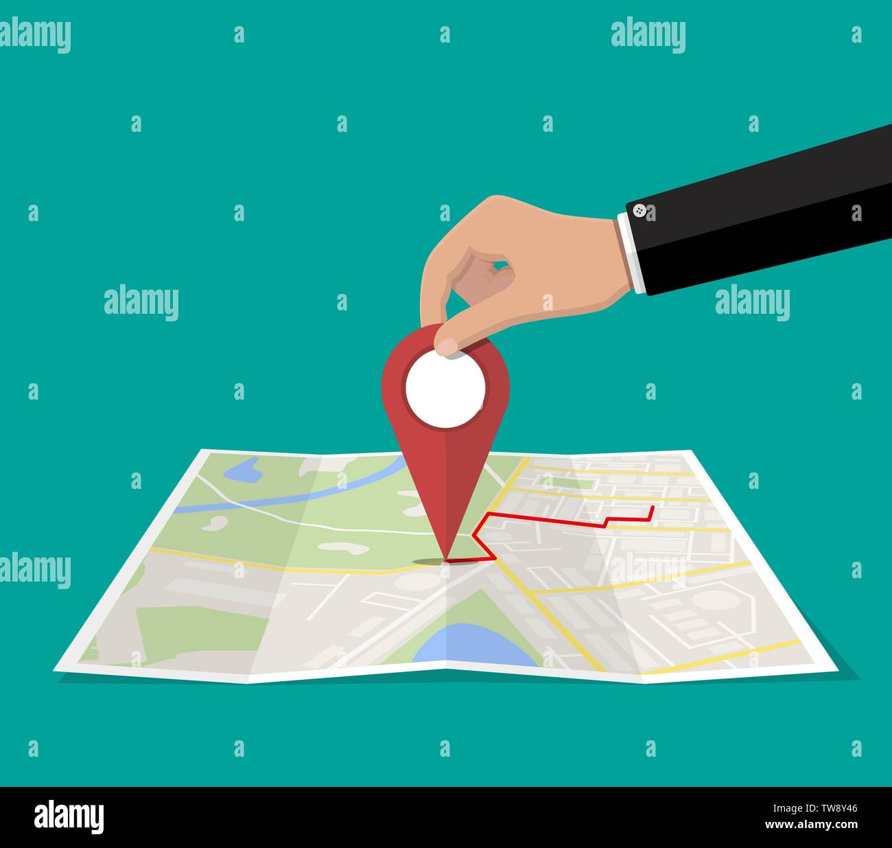 Location pin in hand and paper map Stock Vector Image & Art - Alamy