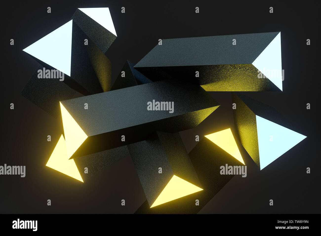 Three-dimensional rendering, glowing triangular columns against dark ...