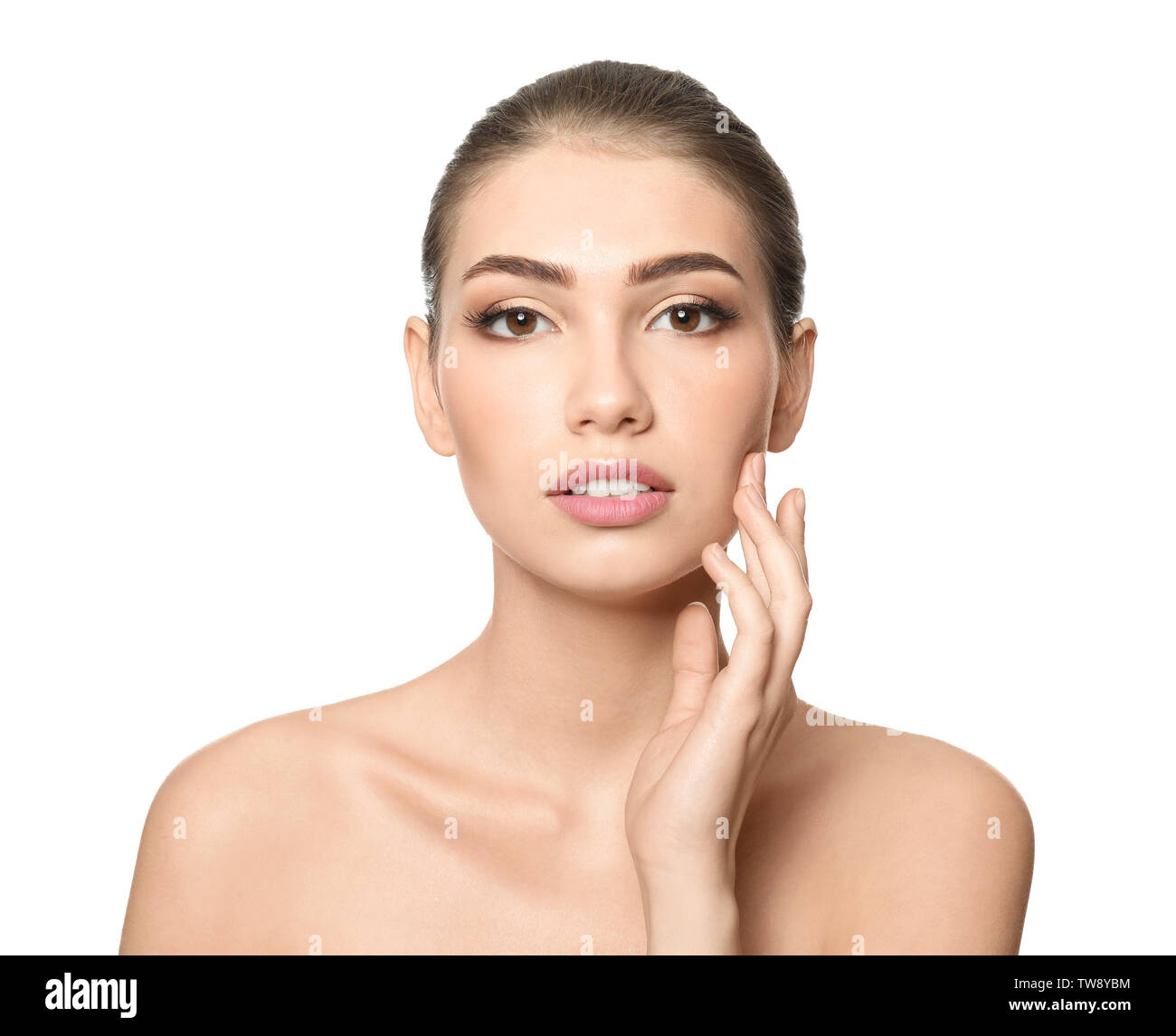 Portrait of beautiful young woman with clear skin on white background ...