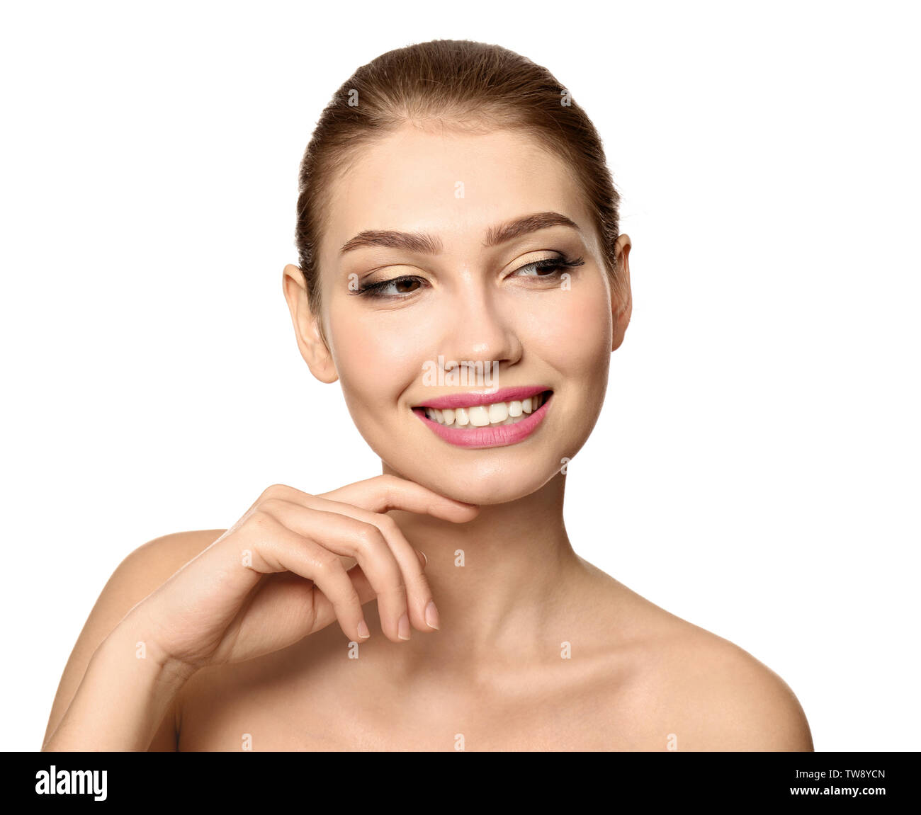 Portrait of beautiful young woman with clear skin on white background ...