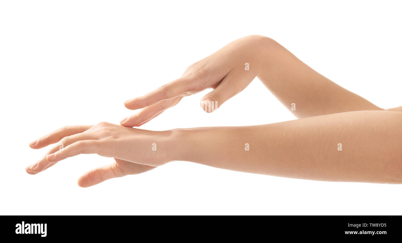 Hands of young woman with healthy skin softened by cream with ...