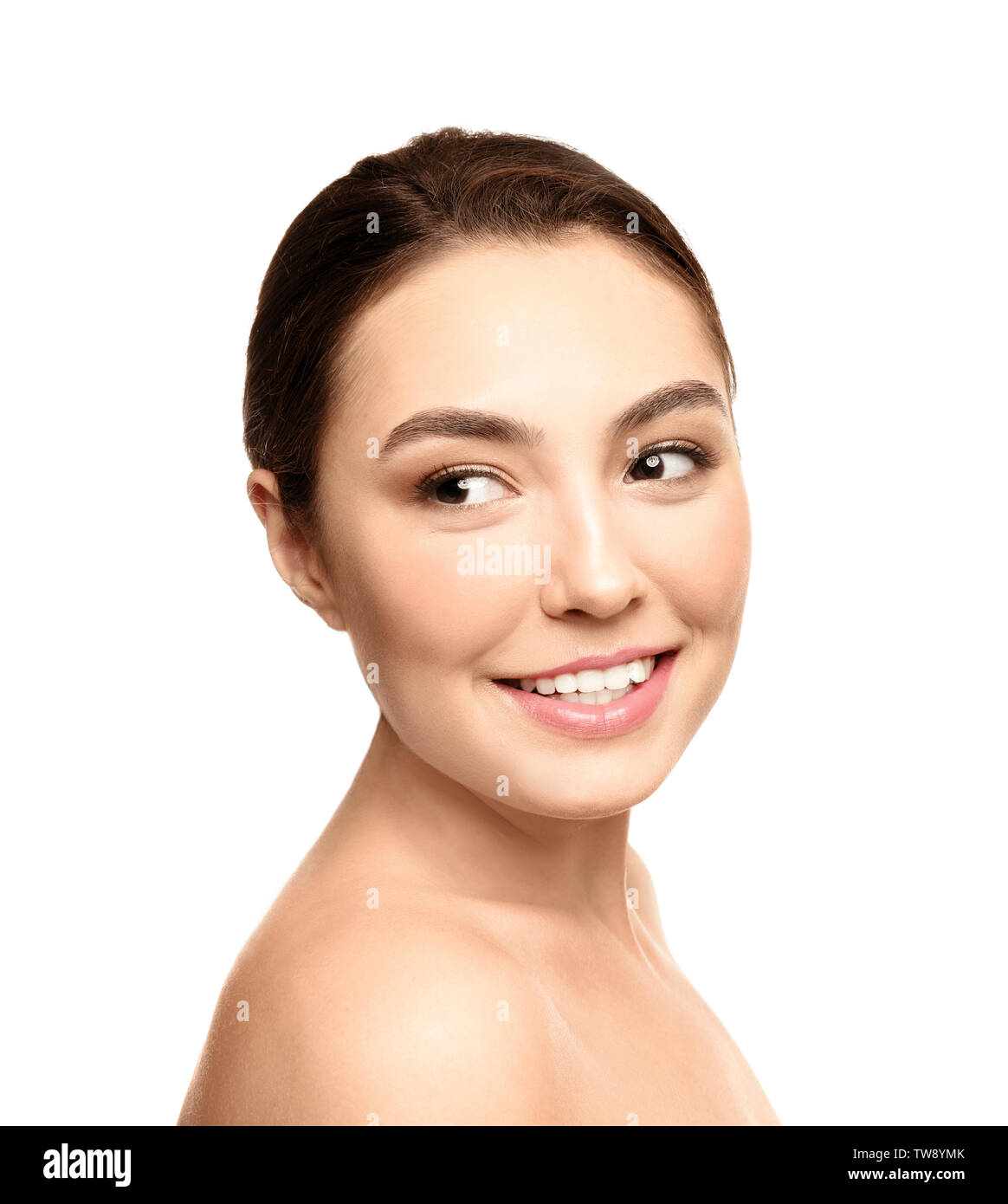 Portrait of beautiful young woman with clear skin on white background ...