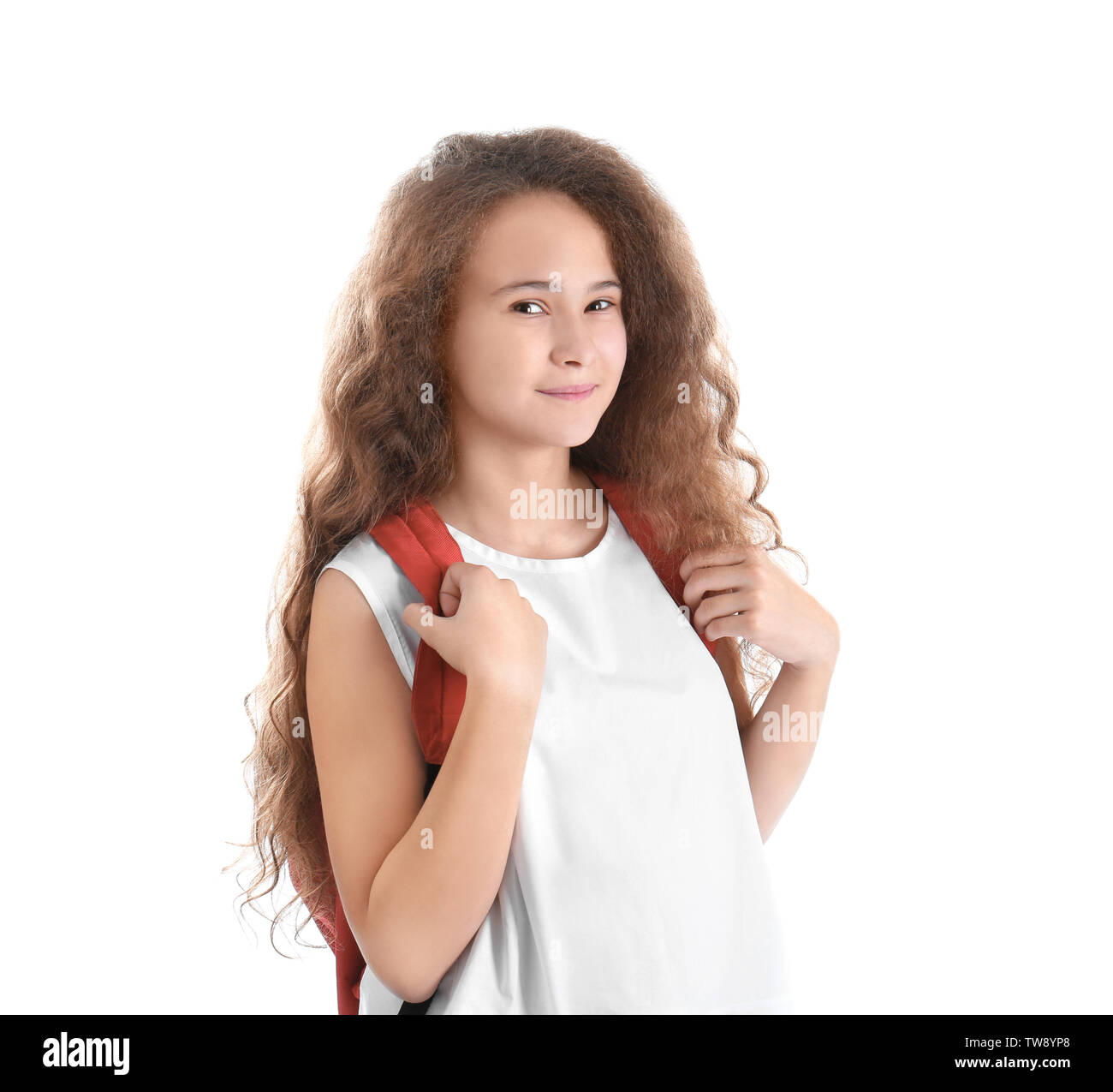 Stylish teenager with backpack on white background Stock Photo - Alamy