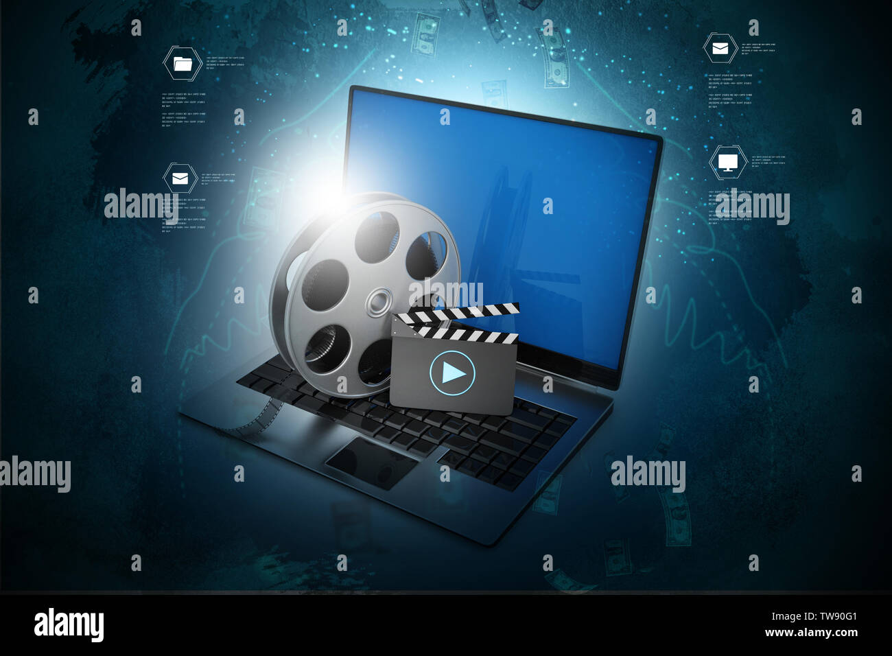 Laptop with reel Stock Photo - Alamy