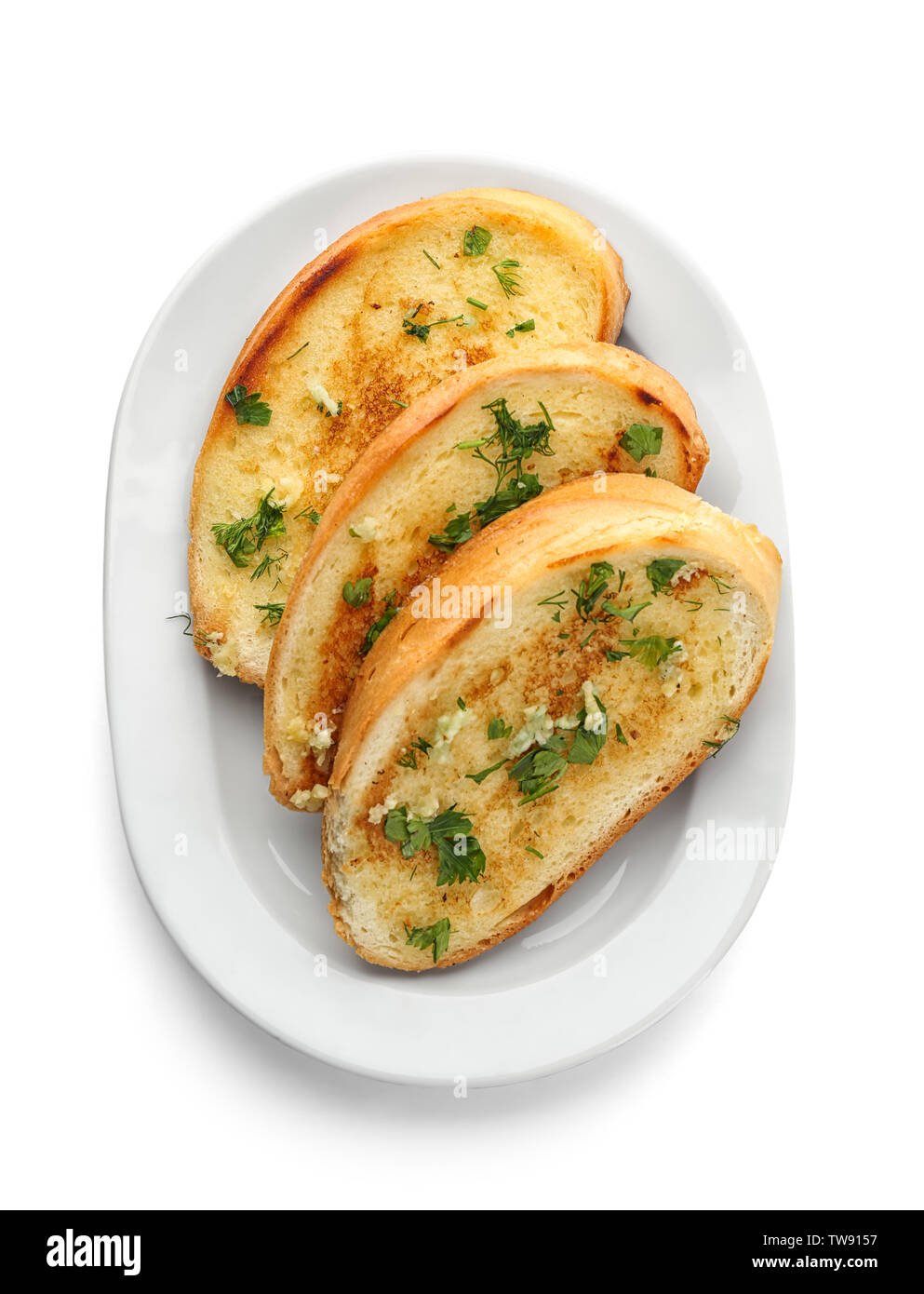 Plate with delicious homemade garlic bread isolated on white Stock ...