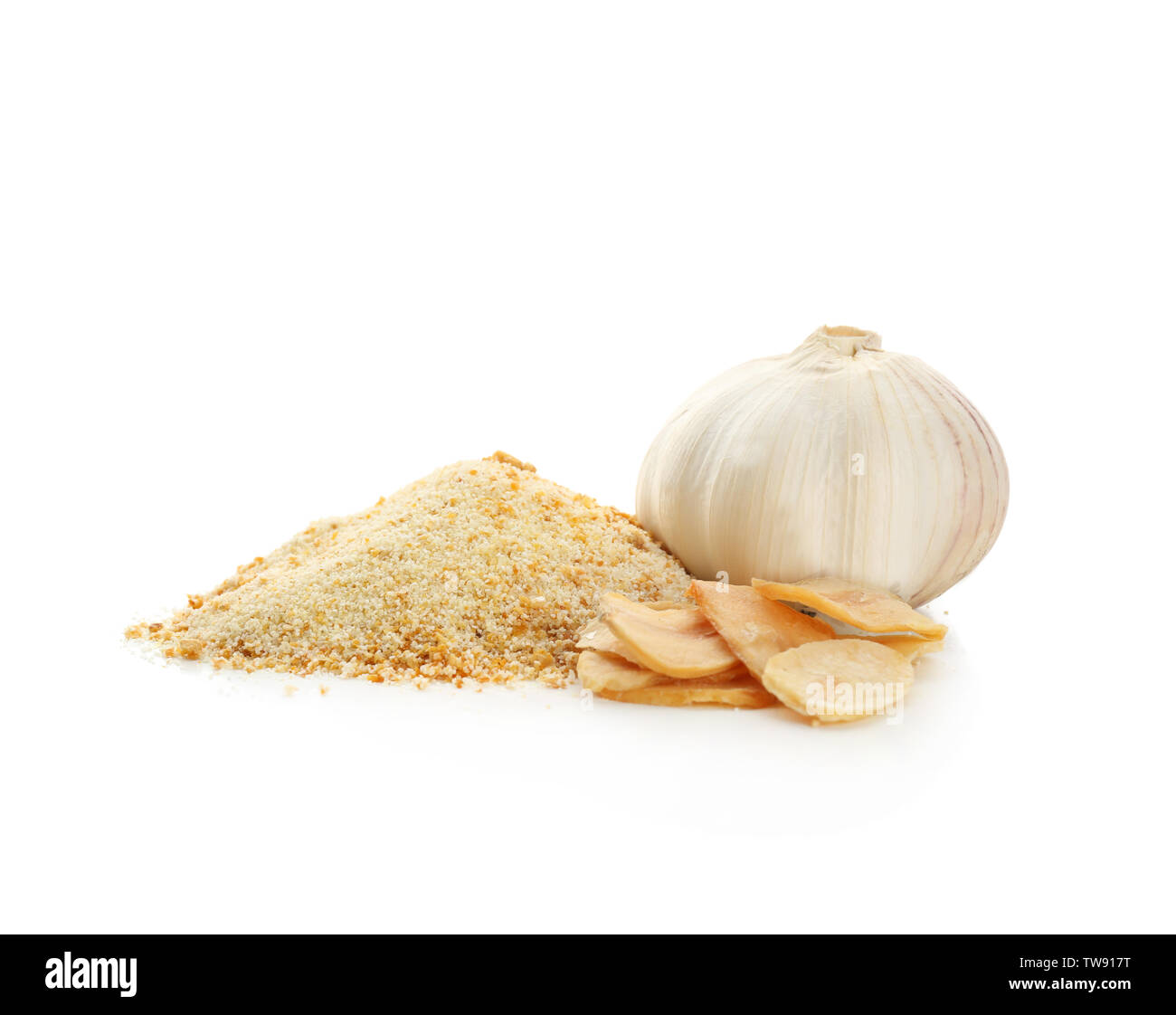 Granulated dried garlic and flakes on white background Stock Photo - Alamy