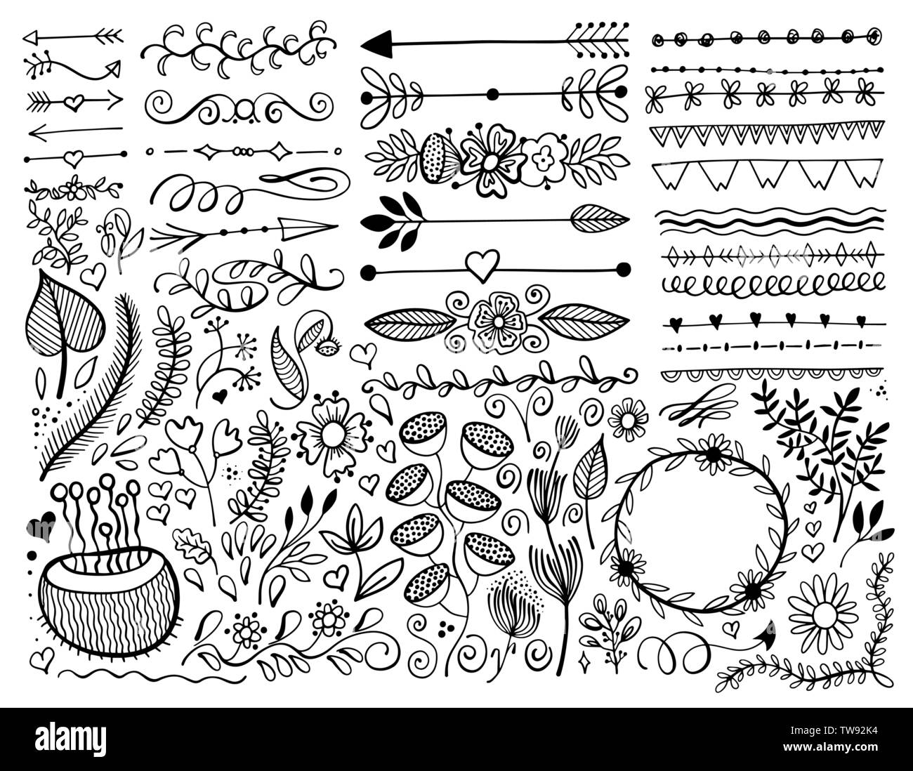 set of hand drawing page dividers borders and arrow, doodle floral ...