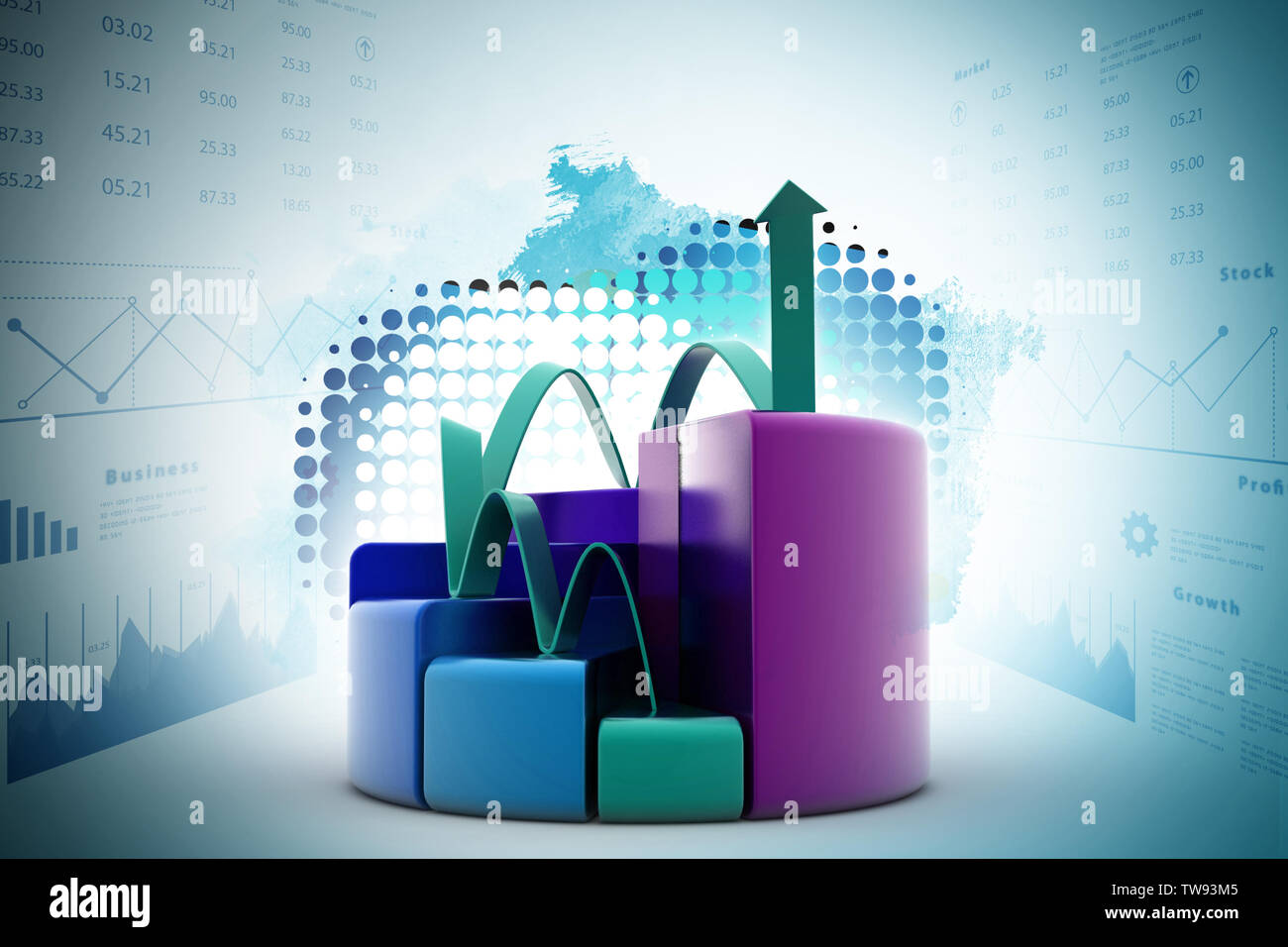 finance pie and bar chart graphs with growing arrow Stock Photo - Alamy