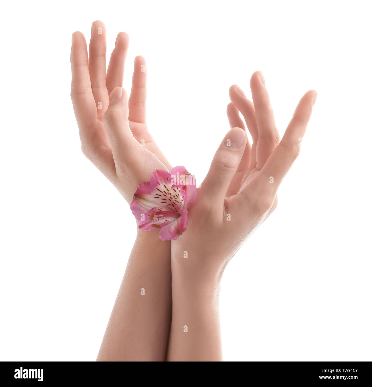 Young woman with soft skin after using of hand cream on white ...