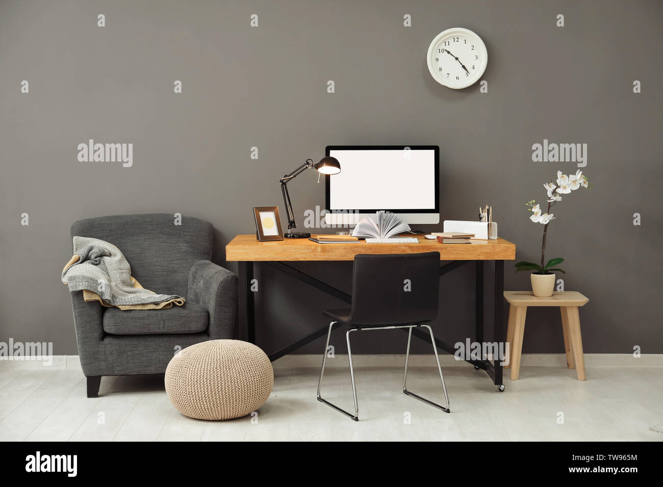 Comfortable home workplace with computer on desk Stock Photo - Alamy