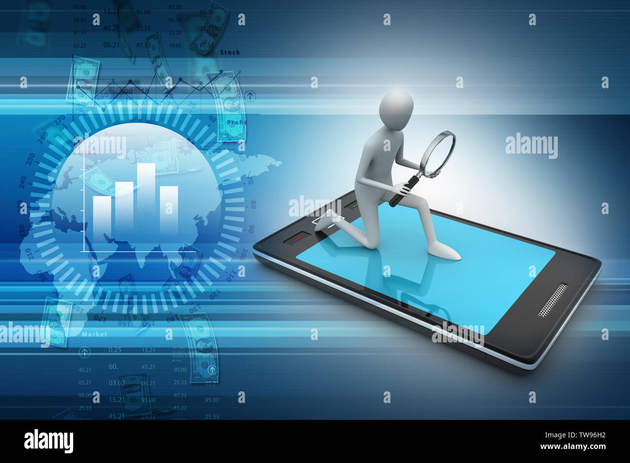 3d man analysing the tablet through magnifier Stock Photo - Alamy