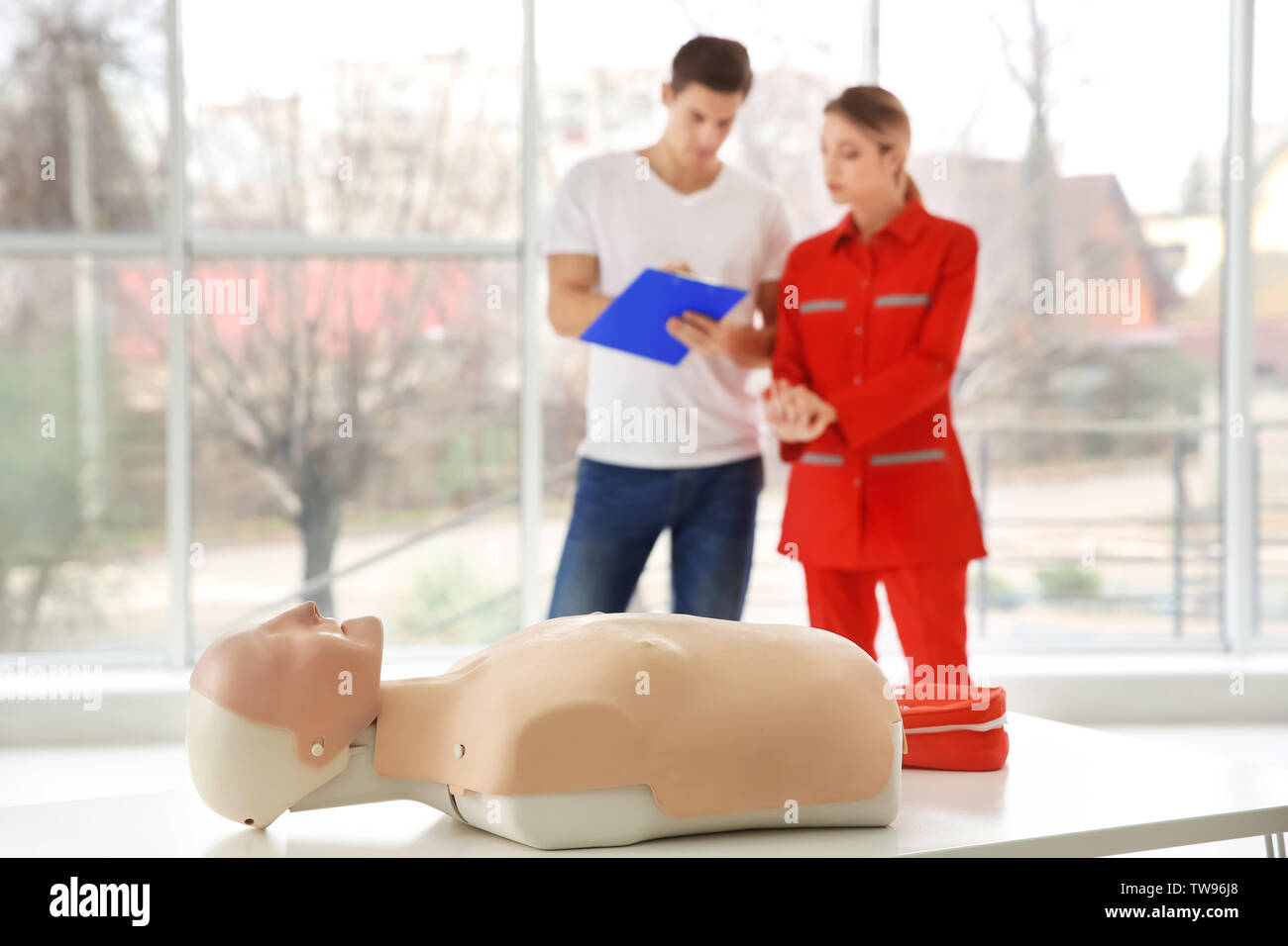 First aid mannequin on table indoors. Life saving class Stock Photo - Alamy