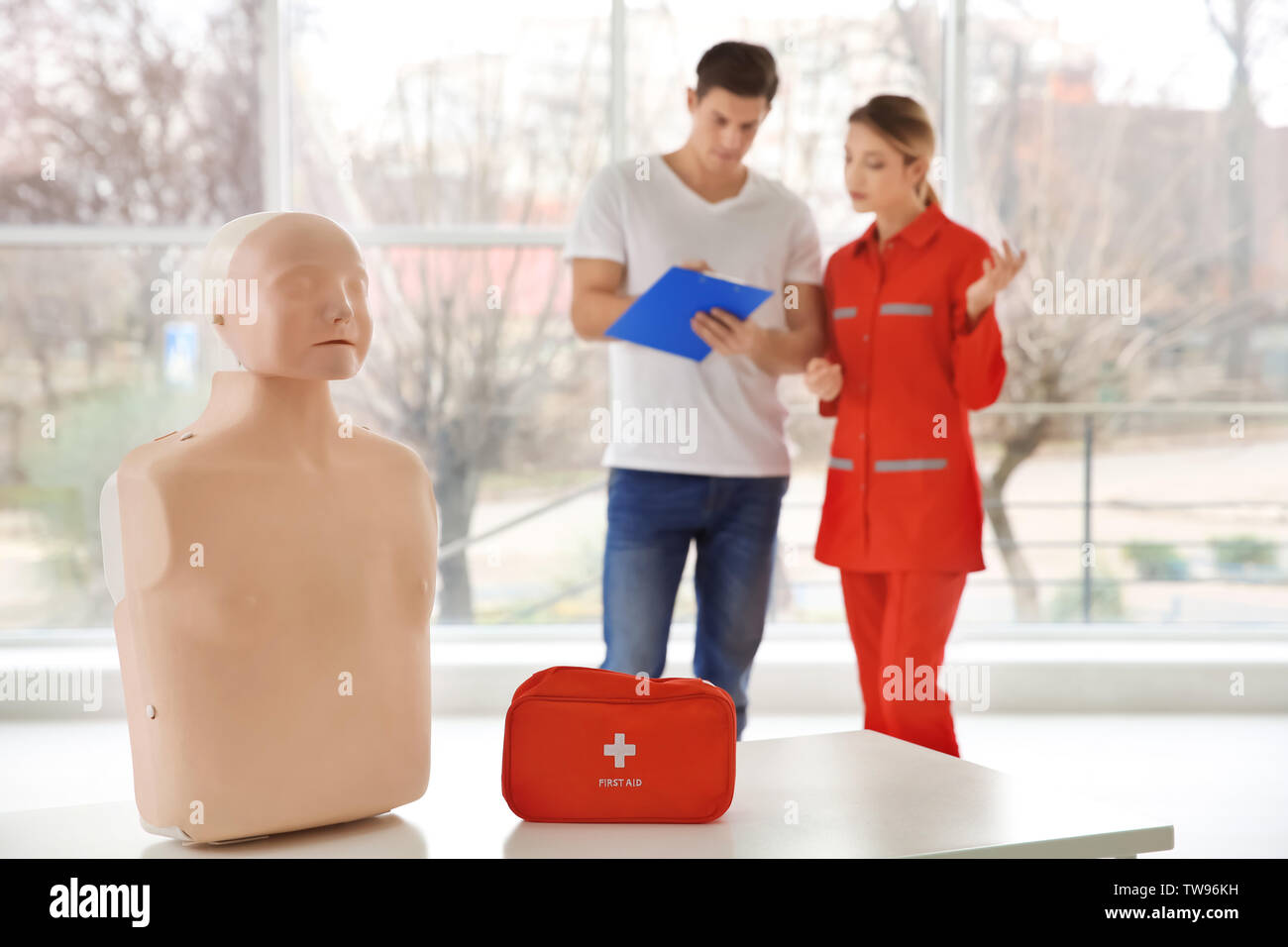 First aid mannequin on table indoors. Life saving class Stock Photo - Alamy