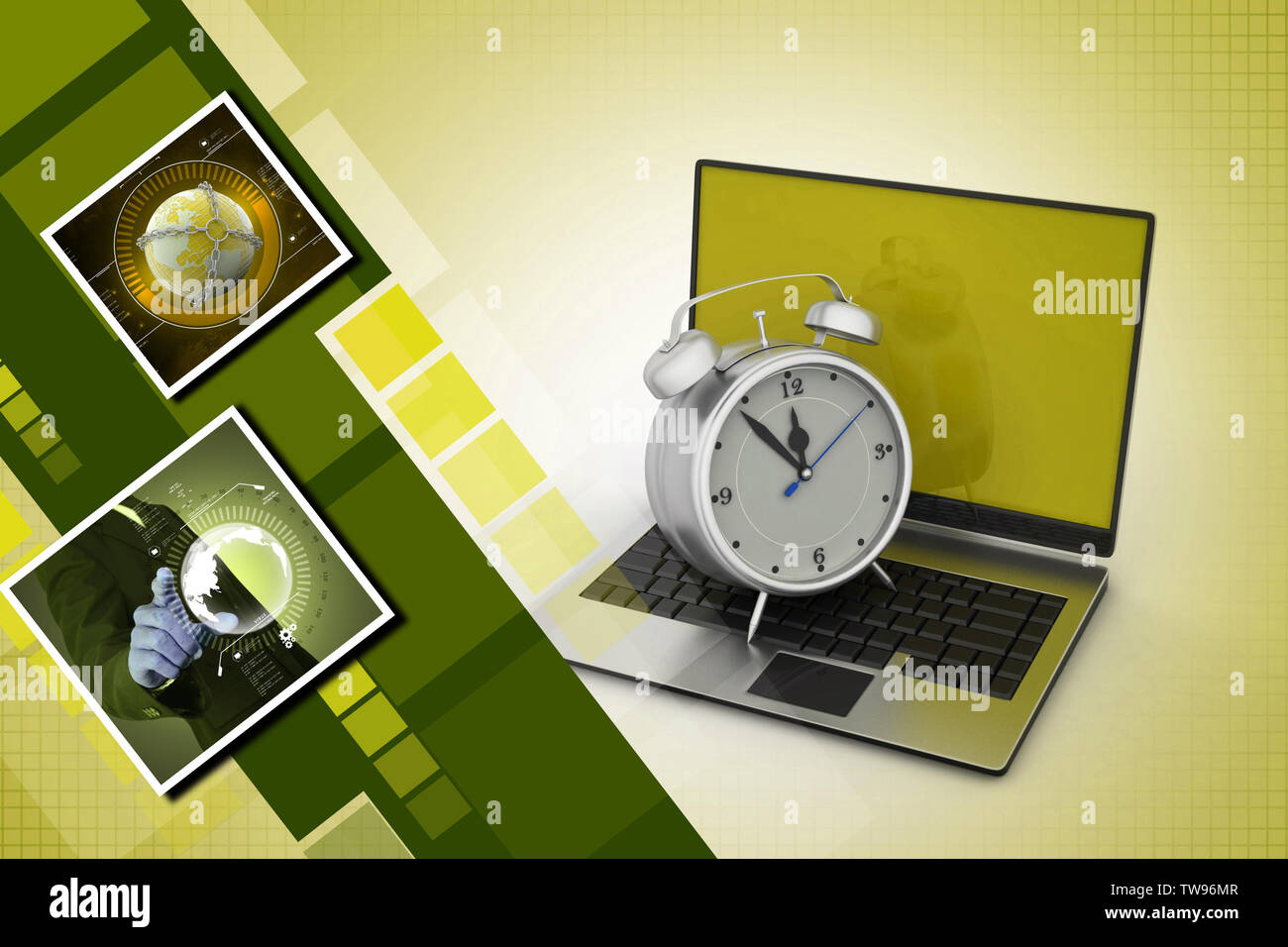 Laptop with alarm clock Stock Photo - Alamy