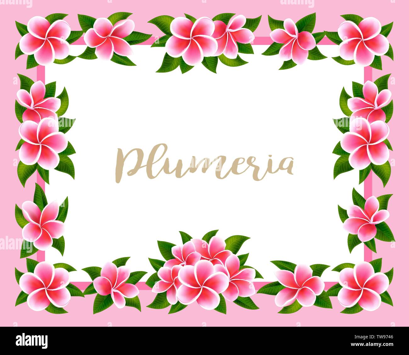 Tropical hawaiian frame with jungle exotic flowers and pink blooms ...