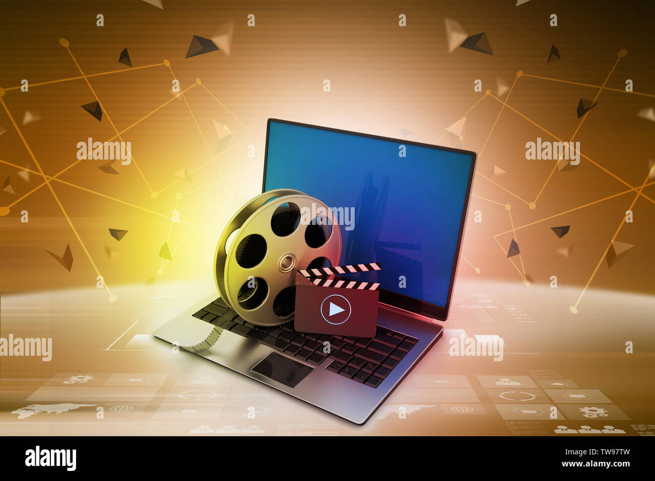 Laptop with reel Stock Photo - Alamy