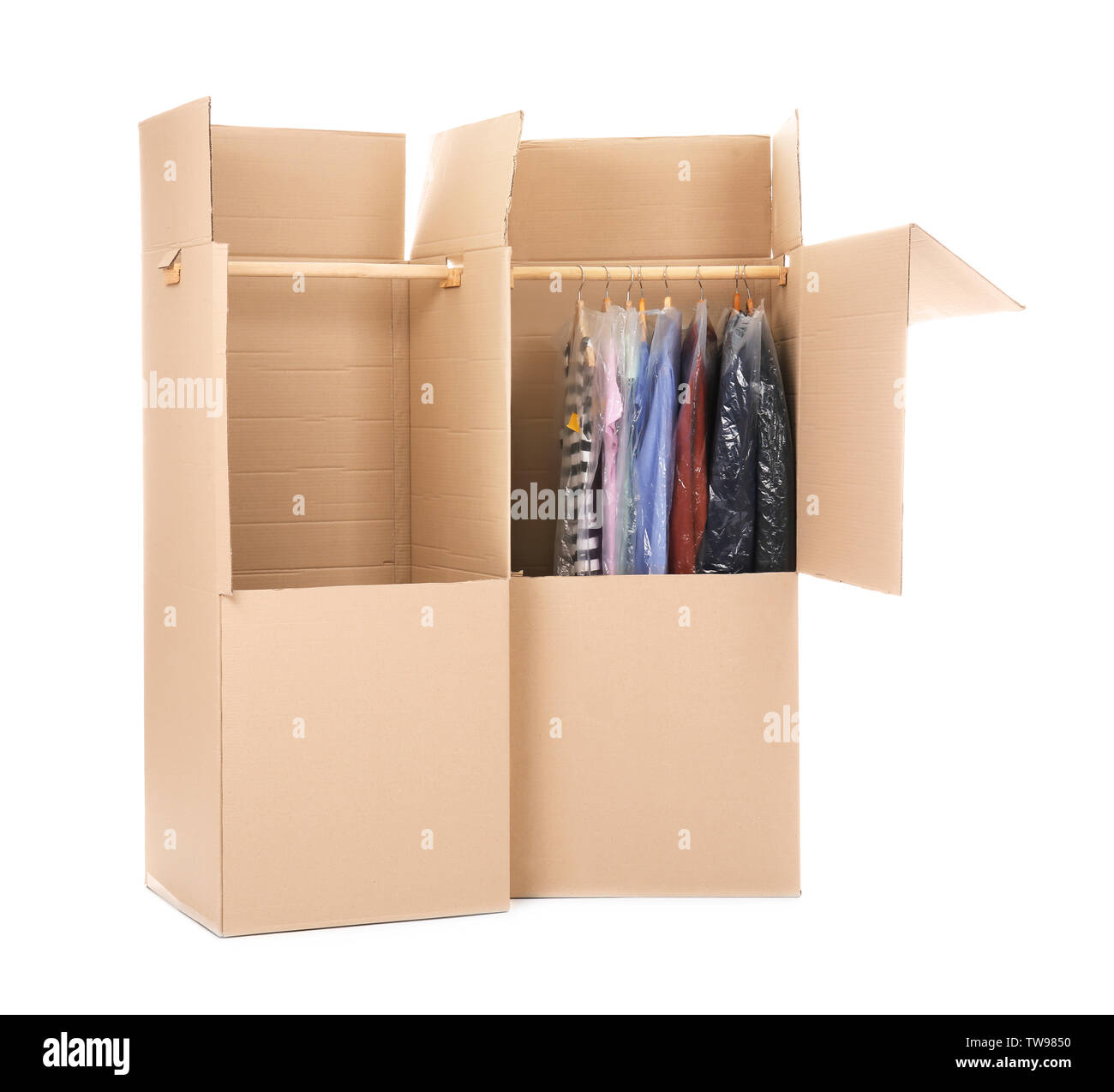 Wardrobe boxes on white background Stock Photo - Alamy