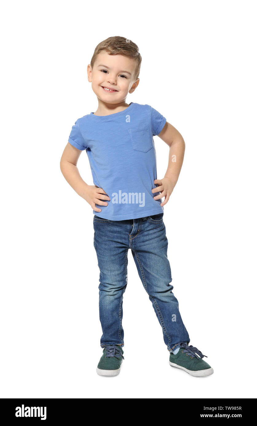 Cute kindergarten boy on white background Stock Photo - Alamy