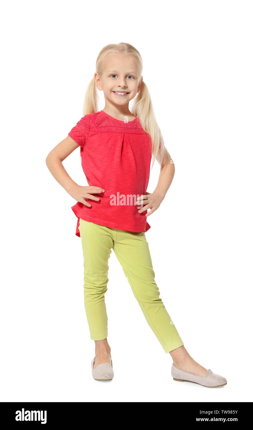 Cute kindergarten girl on white background Stock Photo - Alamy