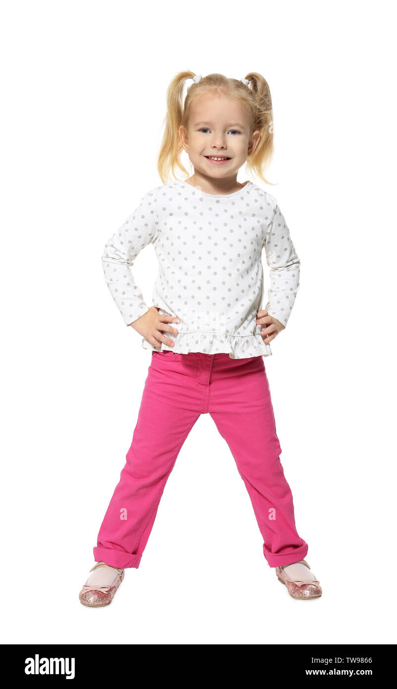 Cute kindergarten girl on white background Stock Photo - Alamy