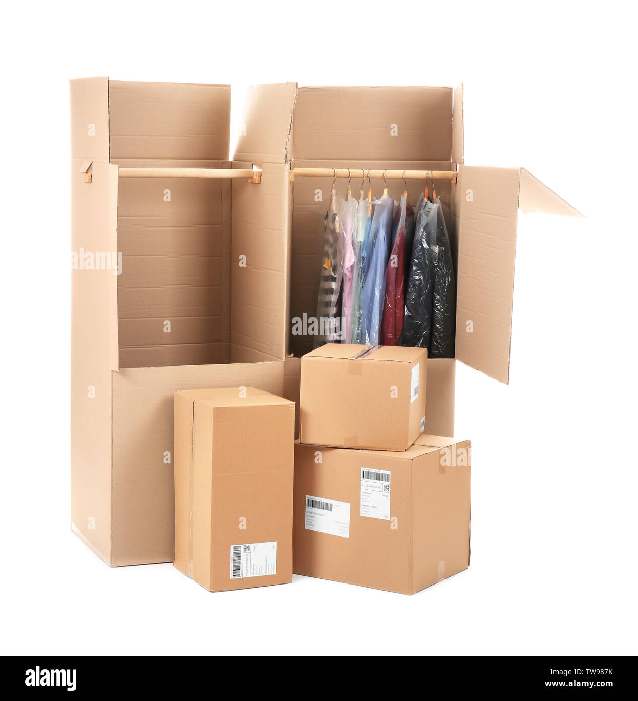 Wardrobe boxes on white background Stock Photo - Alamy