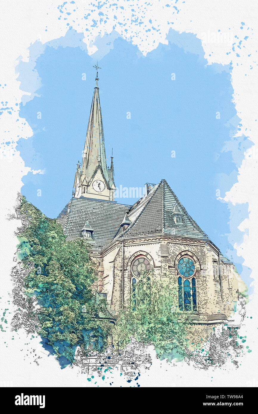 Watercolor sketch or illustration of a beautiful view of the Church in ...