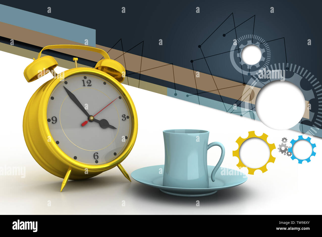 Alarm clock with cup of tea Stock Photo - Alamy