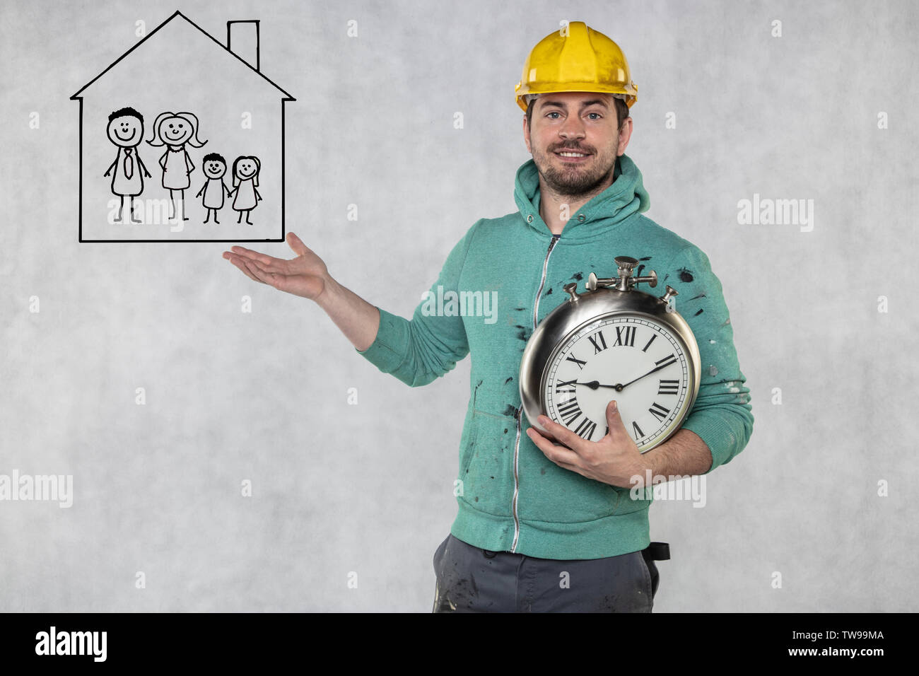 concept of time in matters of construction, builder and clock Stock ...