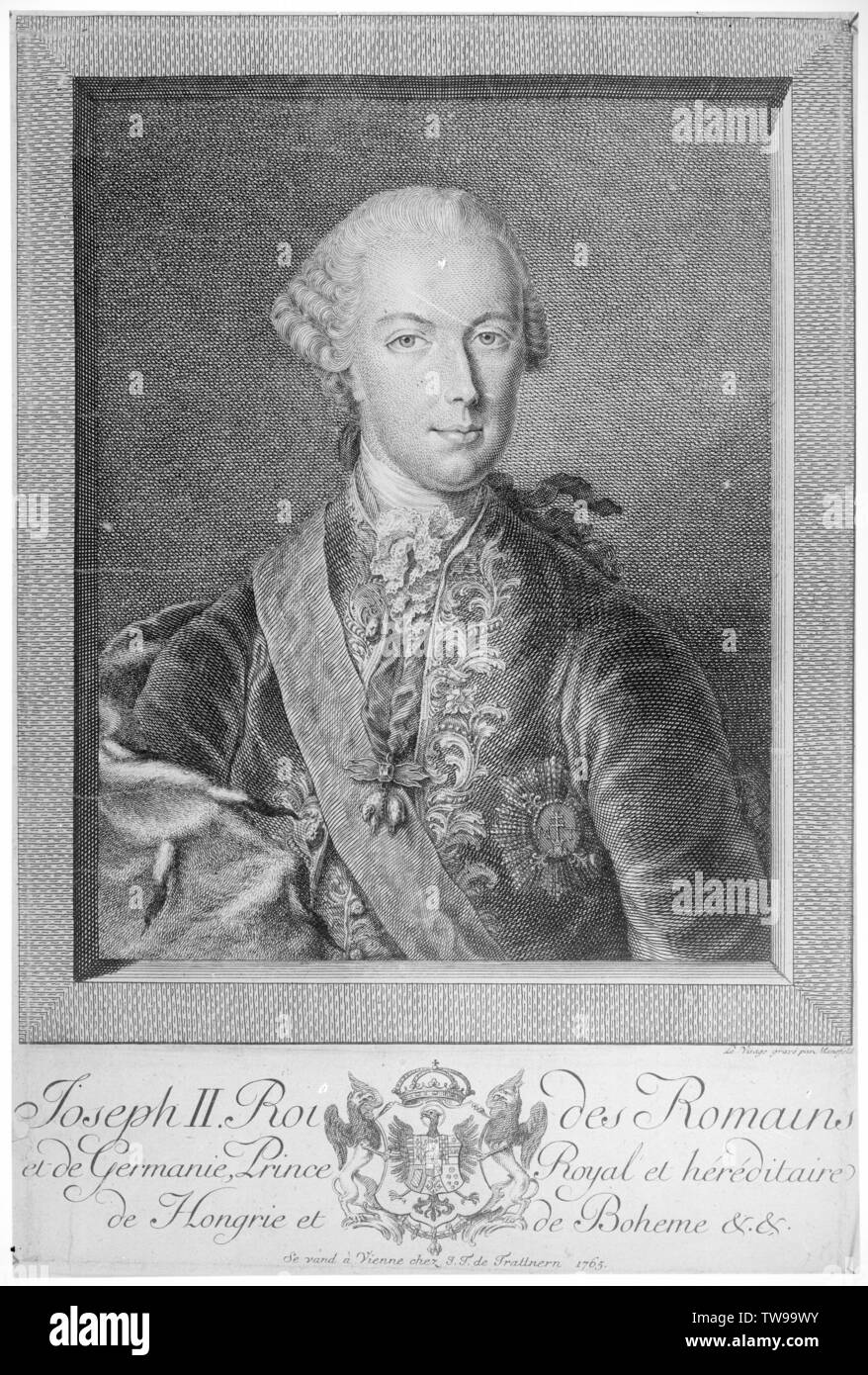 Joseph II, Roman German Emperor, picture as Roman King 1765. engraving ...